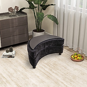 HABITRIO Storage Ottoman, Black Chenille Upholstered Half Crescent Moon Bench w/ 1 Toss Pillow, Tray Serve As Side Table, Padded Seat Dressing Shoe Bench Footrest for Living Room, Entryway, Hallway