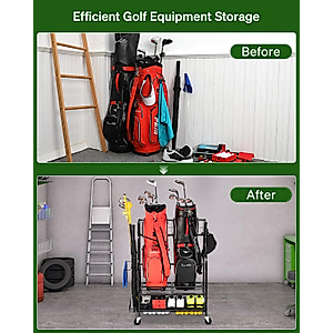 FHXZH Golf Bag Storage Garage Organizer- Golf Bag Stand Fit for 2 Golf Bags and Golf Clubs, Golf Balls, Golf Equipment Accessories, Extra Large Golf Bag Storage Rack for Garage, Club, Shed, Basement