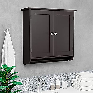 MOIDEI Bathroom Cabinet with Towel Bar, Over The Toilet Storage Cabinet, Black Wall Cabinet with Adjustable Shelf, 23.6"x8.3"x24.4" MDF Medicine Cabinet, 2 Doors Wood Cabinet for Kitchen,Laundry Room