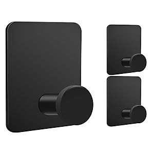 KIKETECH Adhesive Towel Hooks Bathrooms - Matte Black Heavy Duty Black Hooks for Door, Stainless Steel Waterproof Hooks for Hanging Towel Robe Hook Rack, 3 Packs Moonless