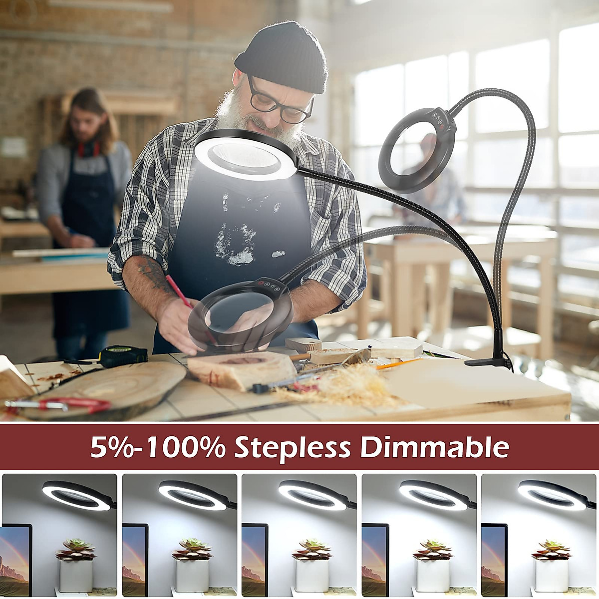 Veemagni 5X Stand Magnifying Glass with Light, 24" Flexible Gooseneck 5 Color Modes Stepless Dimmable Magnifying Floor Lamp, 3-in-1 Adjustable Lighted Magnifier Hands Free for Close Work, Esthetican