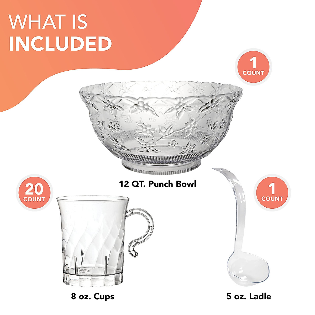 Party Essentials Plastic Punch Set with Ladle and Drinkware, Party Serveware for Cocktails, Fruit Punch, Tea, and Juices, Clear, 12 Qt Bowl + 20 Coffee Cups (8 oz.)