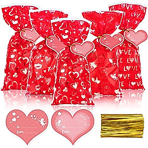 Whaline 160Pcs Valentine's Day Cellophane Bags with 40Pcs Gift Tags 4 Design Red Cello Bag with Twist Tie Love Heart Bear Lip Goodie Candy Treat Bags Party Favor Bags for Wedding Anniversary Supplies