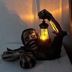 VEMART Costume Props, Zombie Gnome Garden Statues Solar Lights The Zombie with Solar Led Lantern Resin Horror Movie Garden Gnomes Statue Halloween