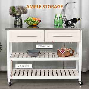 HOMCOM Kitchen Island Rolling Utility Trolley Cart with 2 Drawers Stainless Steel Top - White