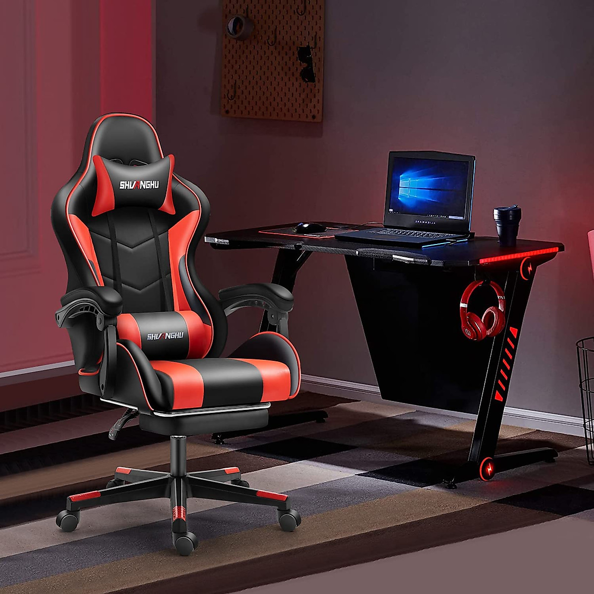 shuanghu Gaming Chair High Back Computer PC Ergonomic Video Office Chairs Gamer Chair with Footrest Video Support Reclining Video Computer Chair Desk Chair Leather Gaming Chair