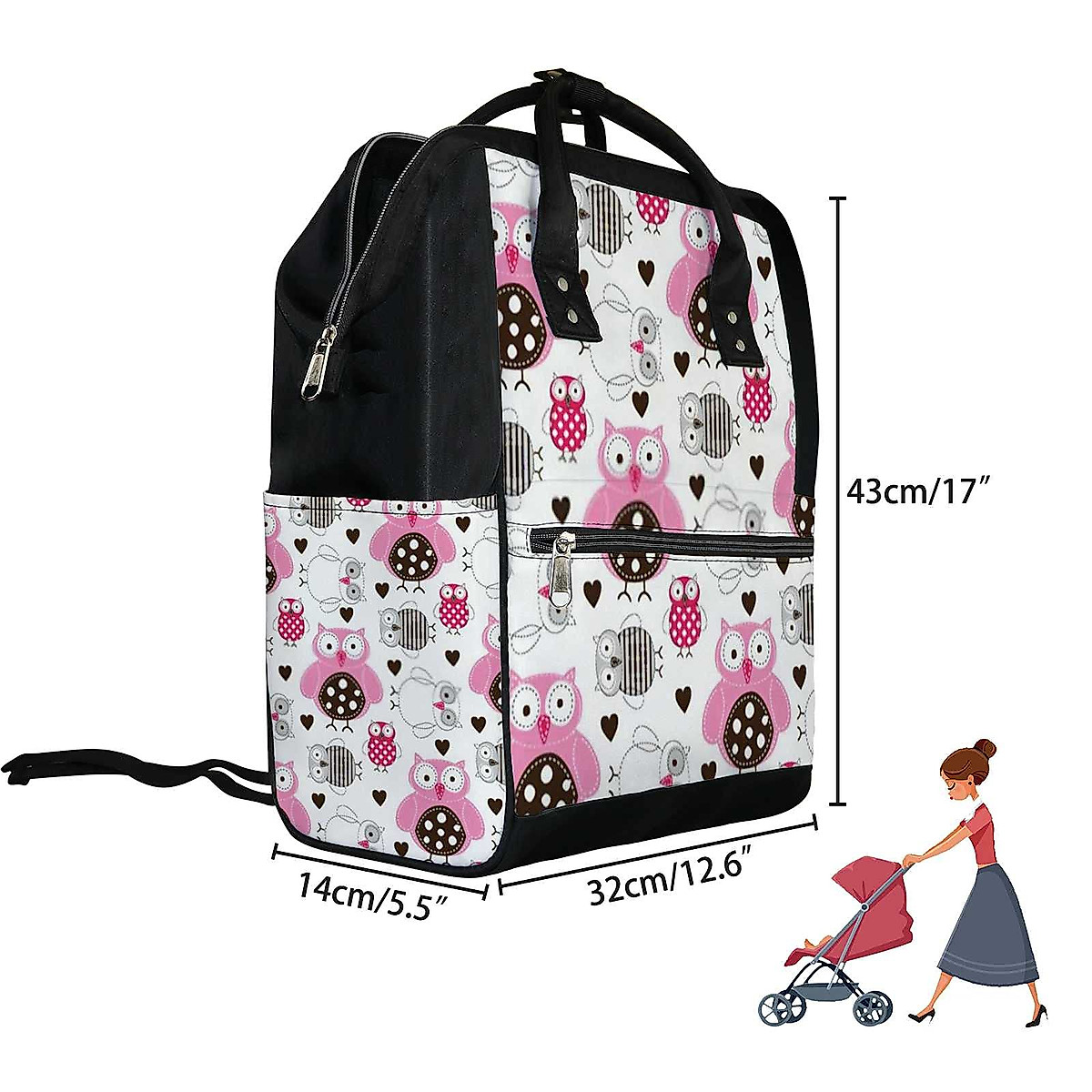 Black and White Cute Cartoon Kawaii Animals owl Diaper Bag Backpack, waterproof backpack Baby Nappy Changing Bags Laptop Backpack for Travel, Large Capacity, Durable and Stylish for Woman and Men.