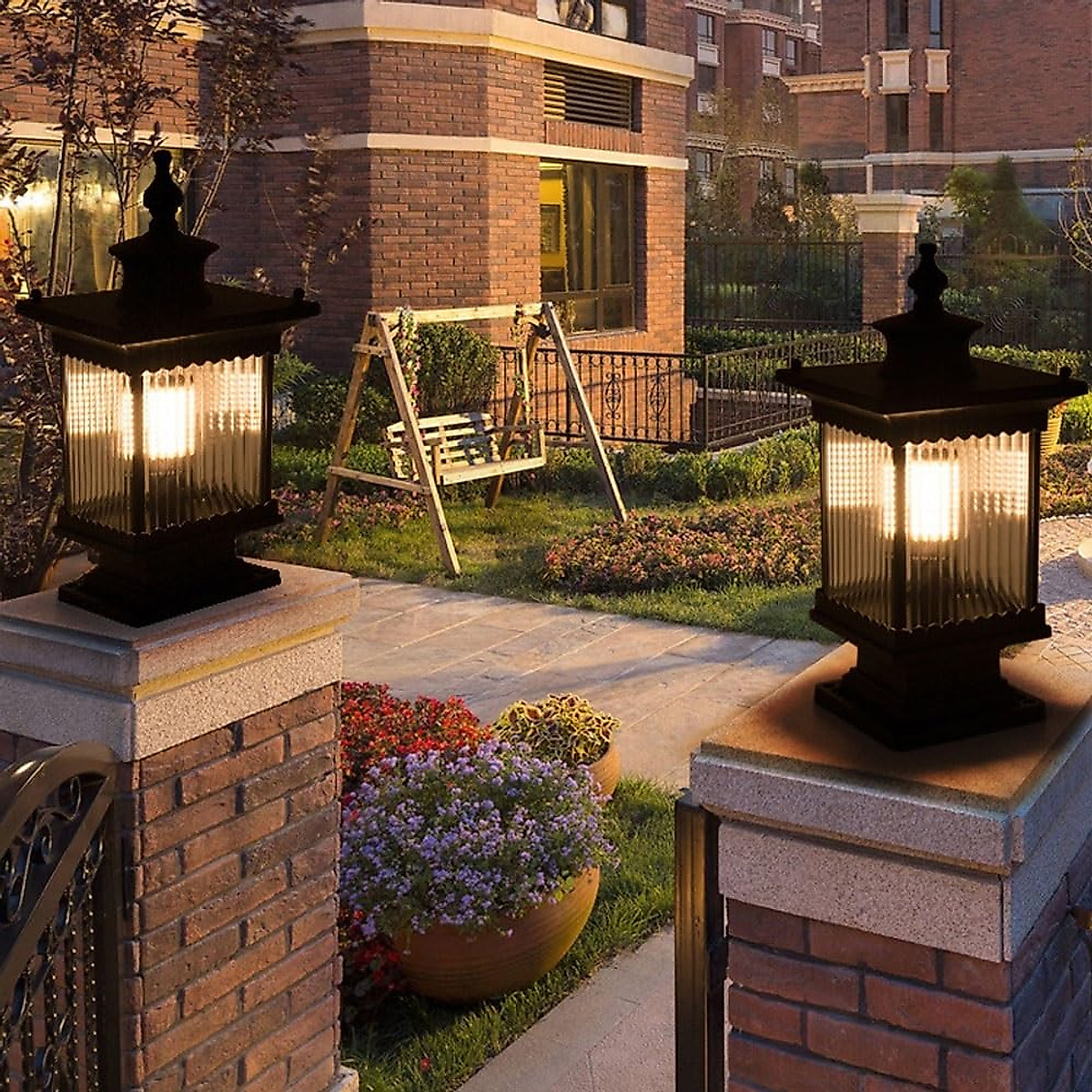 MODEBHD European Retro Outdoor Post Light, Die-cast Aluminum Villa Courtyard Patio Garden Lighting Fixture E27, Waterproof and Moisture-Proof IP65 Garden Gate LED Pillar Lamps, Square Post Lantern