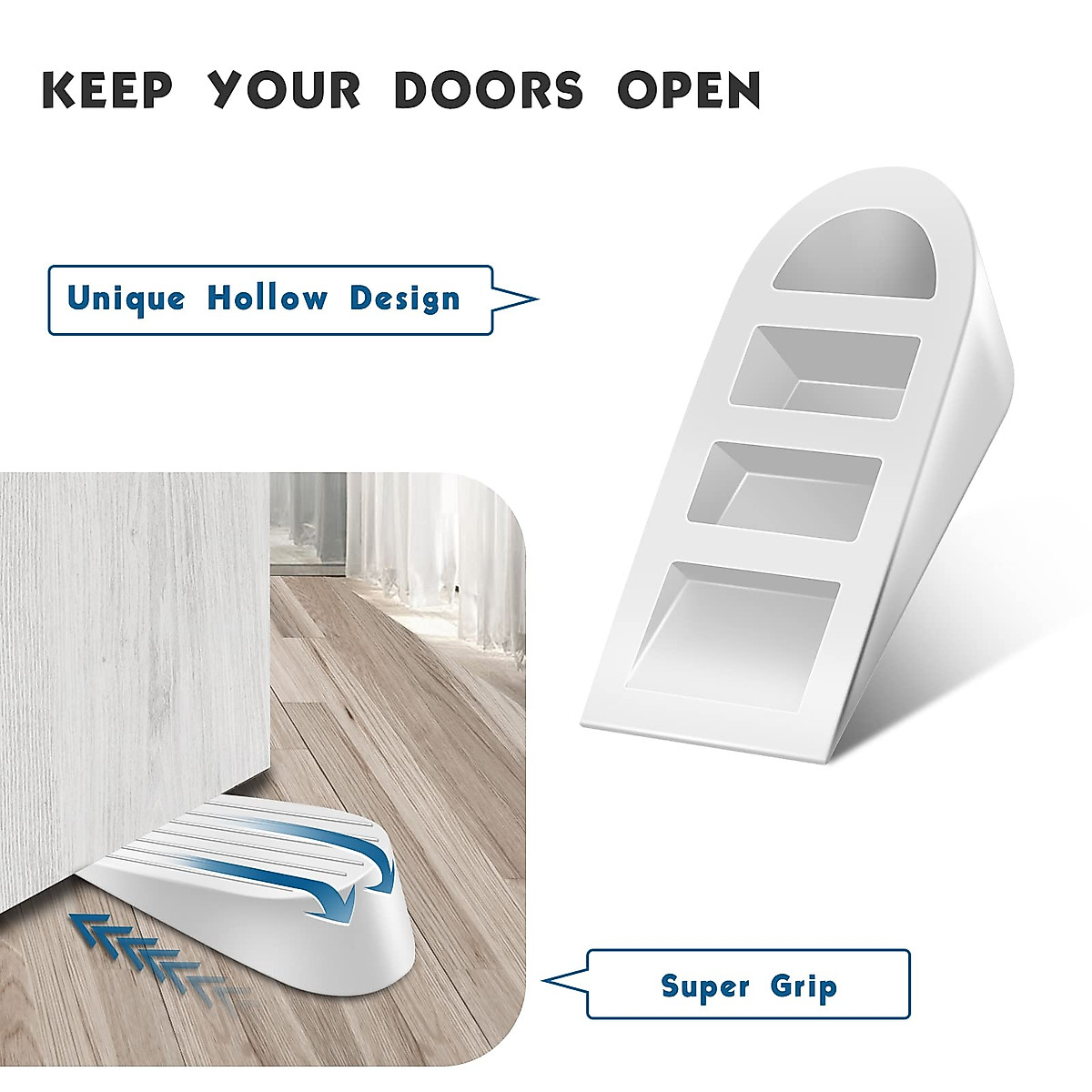 KOLAKO Door Stops, Rubber Door Stopper Wedge, Heavy Duty Extra Large Floor Doorstops for Bottom of Door, Security Big Door Stoppers Wall Protector, 2 Pack (White)