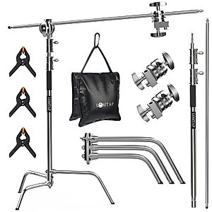 LOMTAP C Stand Light Stand Stainless Metal Photography Kit - Heavy Duty 6.8ft/210cm Vertical Pole, 2.8ft/87cm Boom Arm, Adjustable Base, Water Sandbag, 2 Grip Heads, 3 Clips for Softbox, Reflector