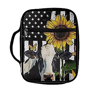 Belidome USA Bible Cover for Women Girl American Flag with Sunflower Cow Print Bible Case Tote Bag for Book Carrying Church Library Accessories Patriotic Fourth of July Independence Day Gifts