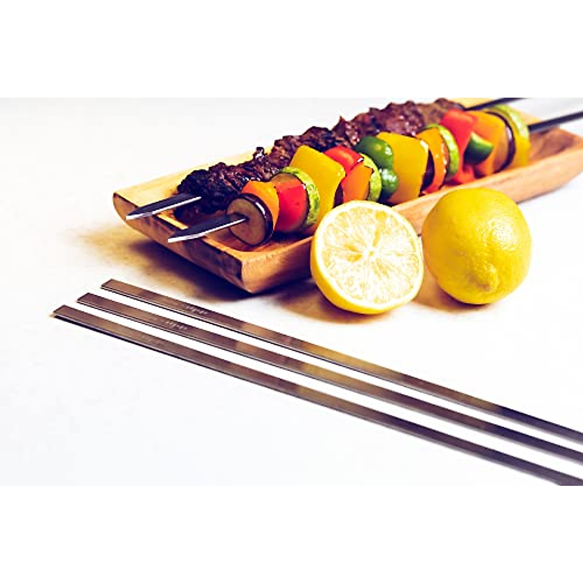 + HOM 8 Kebab 1/2" Wide Flat Skewers, Stainless Steel, No-Wood Handle, Shish, Adana Kabob, Carrying Case