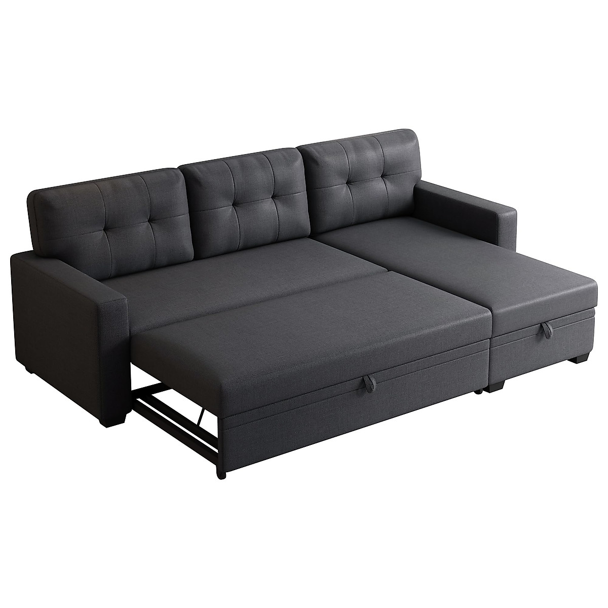 Jintop 82" L-Shape Convertible Sleeper Sectional Sofa with Storage Chaise and Pull-Out Bed,Upholstered Reversible Corner 3 Seater Couch with Button Tufted Backrest & Armrest,for Living Room,Dark Gray