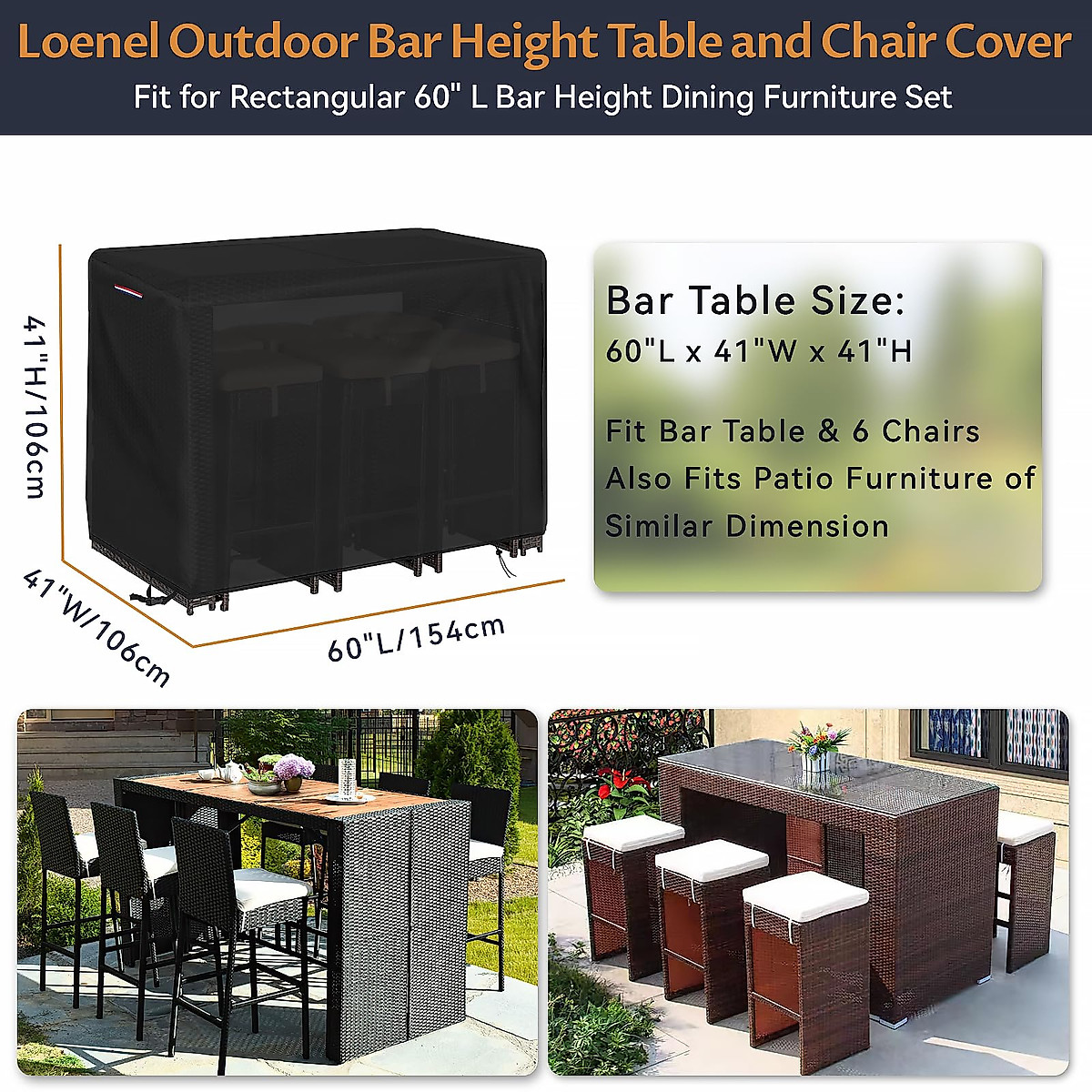 Loenel Outdoor High Top Patio Dining Table Cover, Heavy Duty Waterproof Patio Bar Height Table and Chair Cover for Rectangular 60" Long Bar Height Dining Furniture Set - 60"L x 41"W x 41"H