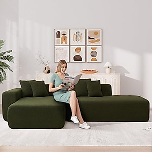 ONEMMLION 105" L-Shape Modular Sectional Sofa, Modern Cloud Couch with Left Facing Chaise Lounge, Upholstered Sherpa Corner Sofa Couch, Deep Seat Convertible Sleeper Couch for Living Room, Green