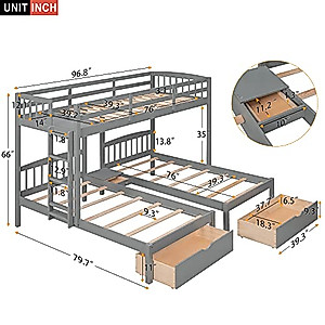 DEYOBED Twin Over Twin & Twin Wooden Triple Bed Bunk Bed with Integrated Middle Drawer Storage - Stylish and Functional Sleep Arrangement for Kids, Teens, Adults