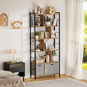 74 Inch Tall Bookshelf, 6 Tier Bookcase with Drawers, Modern Book Shelf Display Standing Shelf Units with Storage, Wood and Metal Bookshelves for Living Room, Bedroom, Home Office, Rustic Brown