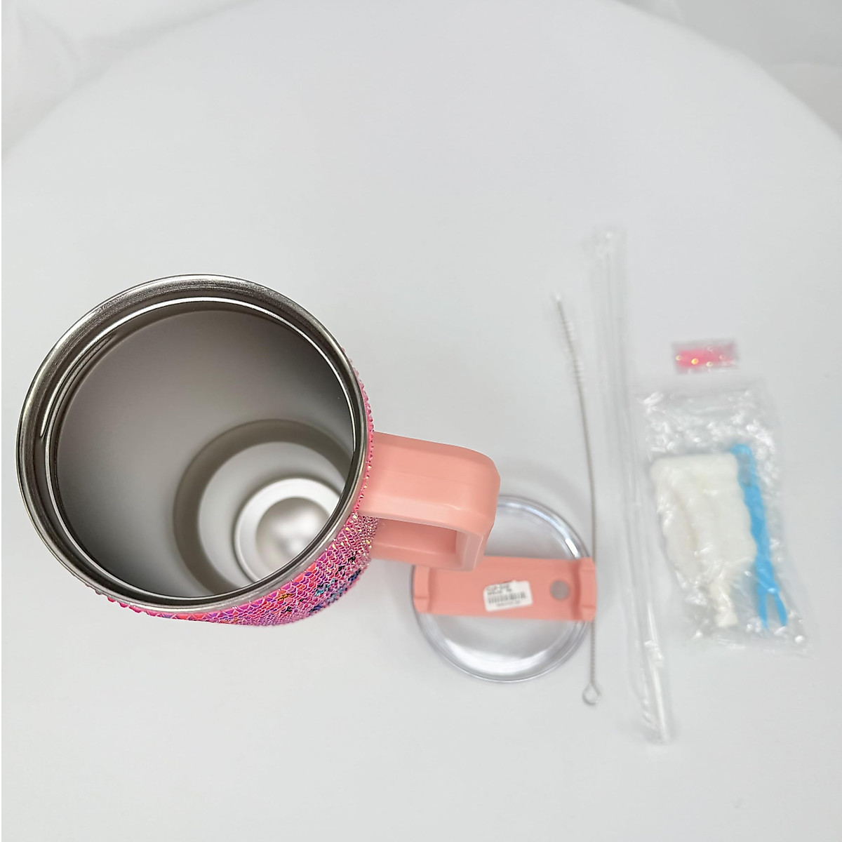 Rhinestone Insulated Tumbler with Handle, 40 oz, Pink with Evil Eye Design, Stainless Steel, Includes Straw and Cleaning Kit