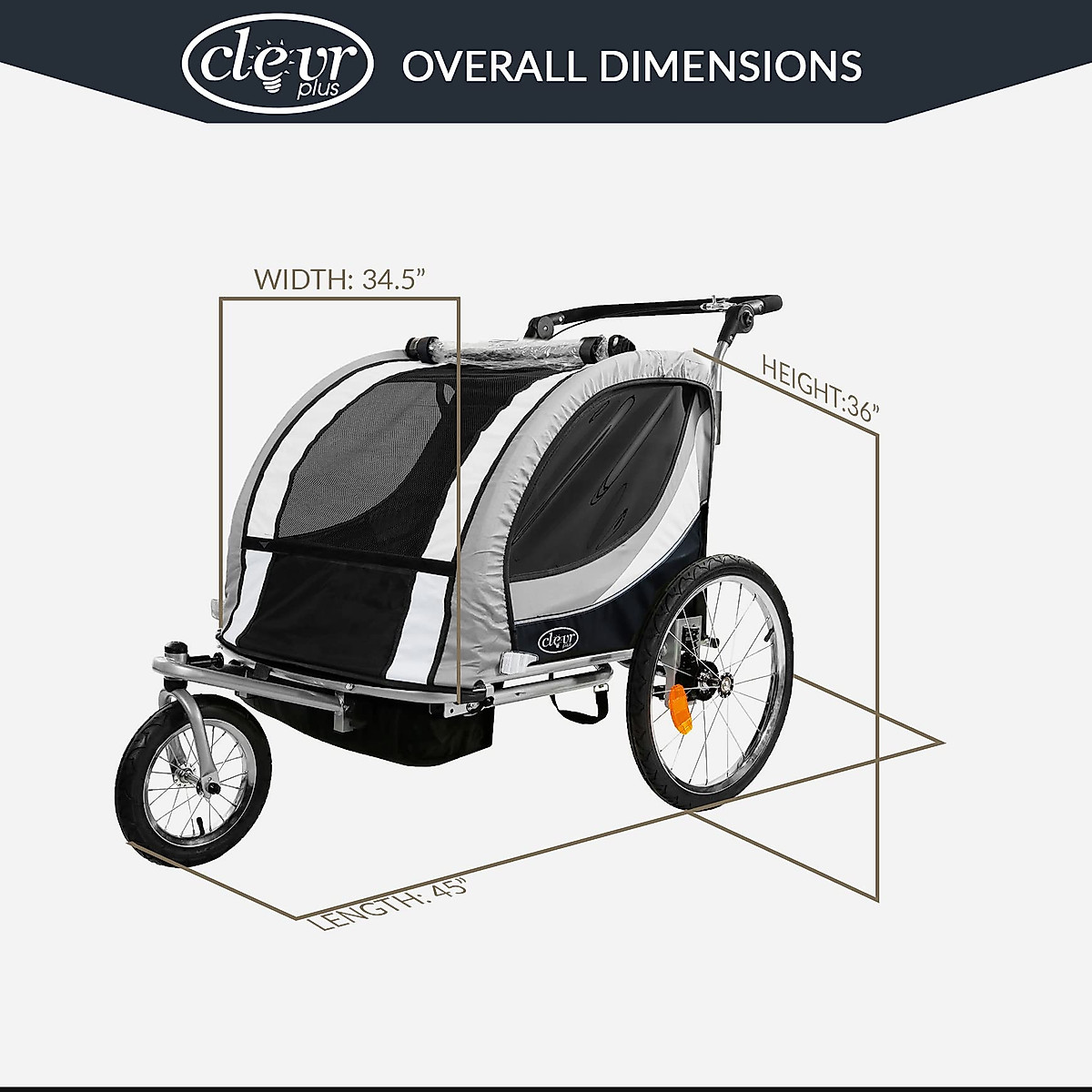 ClevrPlus Deluxe 3-in-1 Double 2 Seat Bicycle Bike Trailer Jogger Stroller for Kids Children | Foldable w/Pivot Front Wheel, Grey