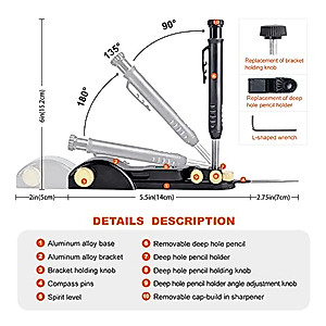 MARSBASE Multi-function Scribing Tool with Carpenter Pencils Aluminum Alloy Scribe Tool with Deep Hole Pencil Built-in Level, Scriber Marking Tools for Woodworking Line Marker