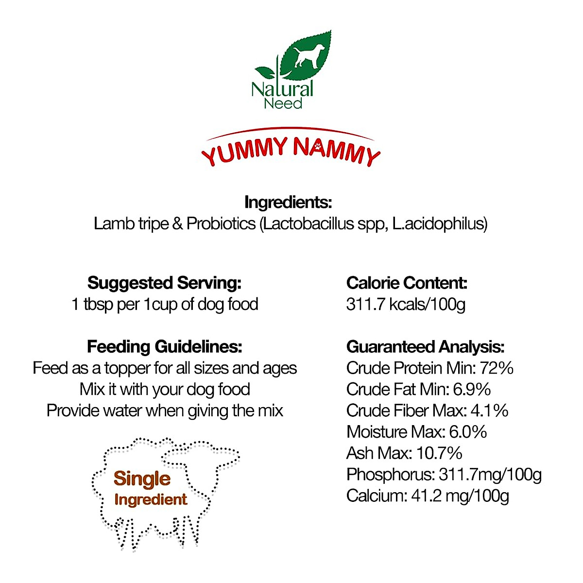 Yummy Nammy - All Natural, Grass-Fed & Free-Range, 100% Lamb Green Tripe Treats with Probiotics, 3.5oz