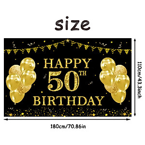 DARUNAXY Black Gold 50th Birthday Party Decorations, Happy 50th Birthday Banner Backdrop for Men Cheers to 50 Year Old Birthday Party Supplies, 6x3.6ft 50 Birthday Photography Background for Women