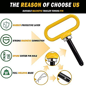 EilxMag Magnetic Hitch Pin, Lawn Mower Trailer Hitch Pins - Strong Heavy Duty Neodymium Magnet Trailer Gate Pin - for Utility Carts, Lawn Tractors - Simple One Handed Hook On & Off（Yellow, 2PCS）