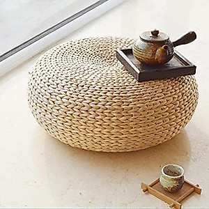 Knitted Straw Flat Seat Cushion, 15.7inch Round Pouf Tatami Cushion Floor