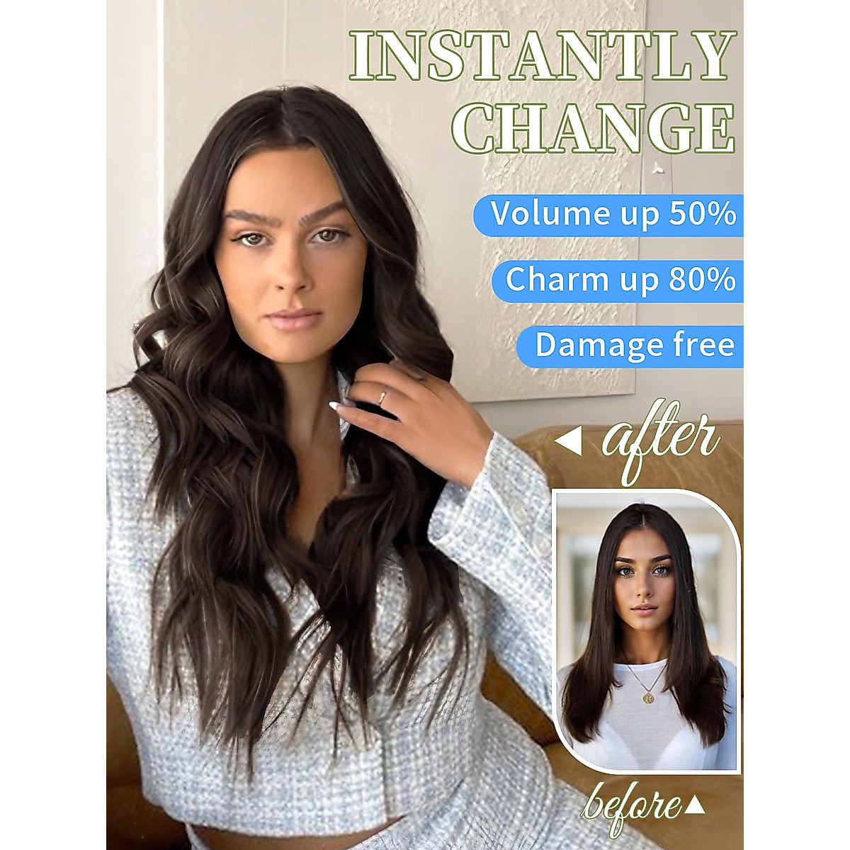 KooKaStyle Invisible Wire Hair Extensions with Transparent Wire Adjustable Size 4 Secure Clips Long Wavy Secret Hairpiece 20 Inch Dark Brown for Women