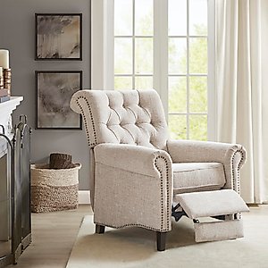 Madison Park Aidan Recliner Chair - Solid Wood, Plywood, Roled Back Button Tufted Accent Armchair Modern Classic Style Family Room Sofa Furniture, Cream