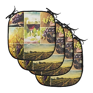 Lunarable Rustic Chair Cushion Pads Set of 4, Rustic Style Collage of Wine Glass Grapes and Vineyard Qualified Harvest Village, Anti-Slip Seat Padding for Kitchen & Patio, 16"x16", Green Red