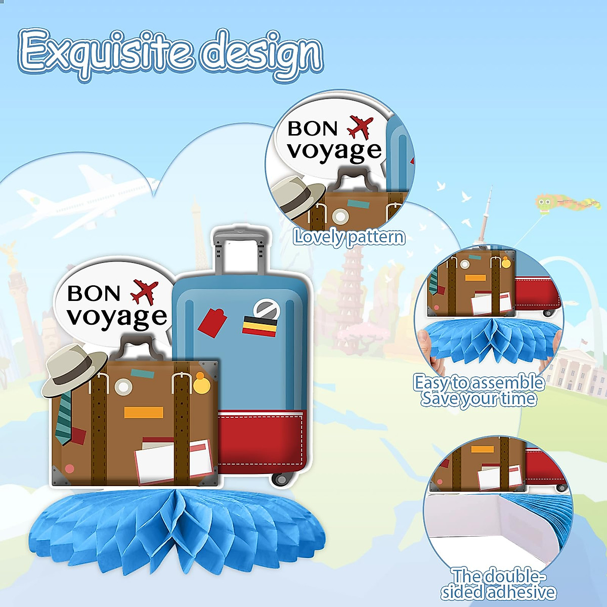 12PCS Travel Themed Party Decorations Travel Honeycomb Centerpieces Bon Voyage Party Decor Adventure Awaits Table Toppers for Baby Shower Retirement Birthday Party