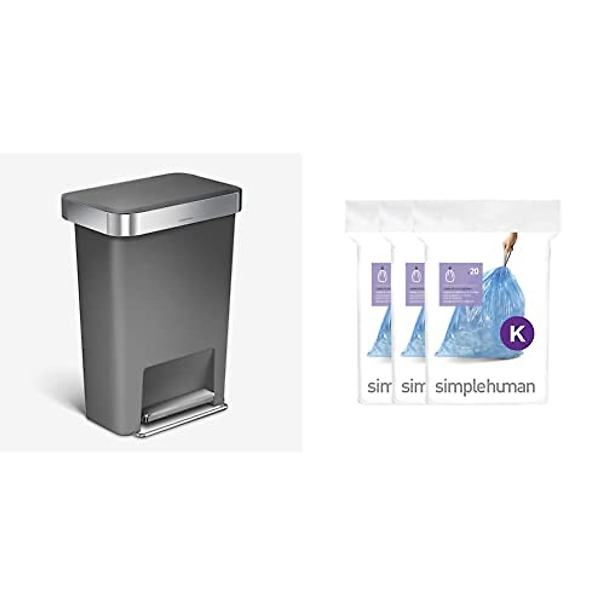 simplehuman 45 Liter Rectangular Kitchen Step Trash Can with Soft-Close Lid, Grey Plastic & Code K Custom Fit Drawstring Trash Bags, 35-45 Liter, 60 Liners, Blue, Count