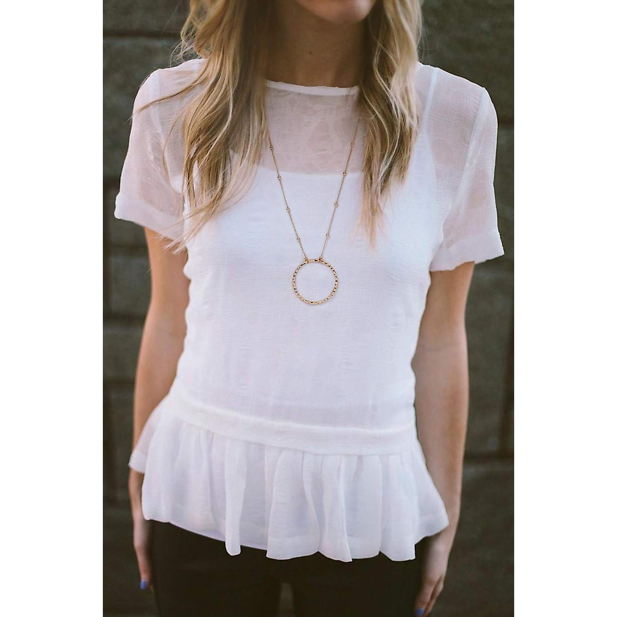 SOFYBJA Hammered Karma Open Circle Pendant Necklace Long Satellite Beaded Chain 18K Gold Plated Jewelry for Women