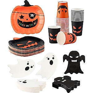 Halloween Plates and Napkins Party Supplies - Serves 24 - Pumpkin Plates and Cups Halloween Napkins for Halloween Birthday Decorations Kids Paper Plates Halloween dinnerware set