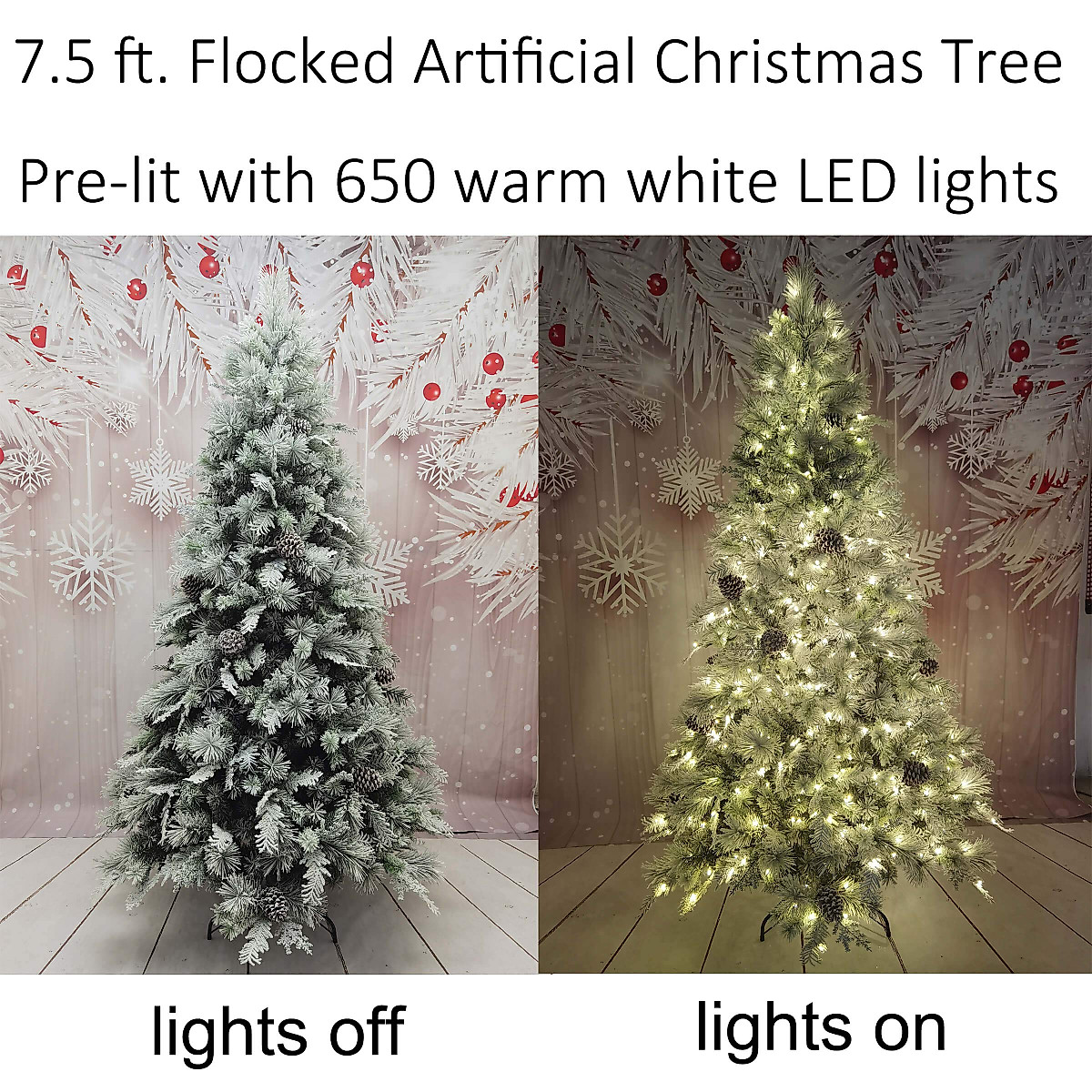 Kuopociaga Flocked Artificial Christmas Tree Prelit 650 LED Lights 7.5 Feet Pine