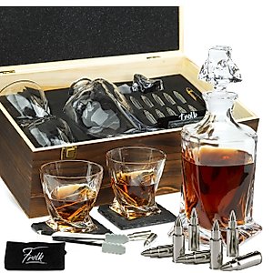 Whiskey Decanter and Stones Gift Set for Men - Whiskey Decanter, 2 Twisted Whiskey Glasses, 10 Stainless Steel Stones, 2 Slate Coasters, Tongs & Freezer Pouch in Wooden Gift Box