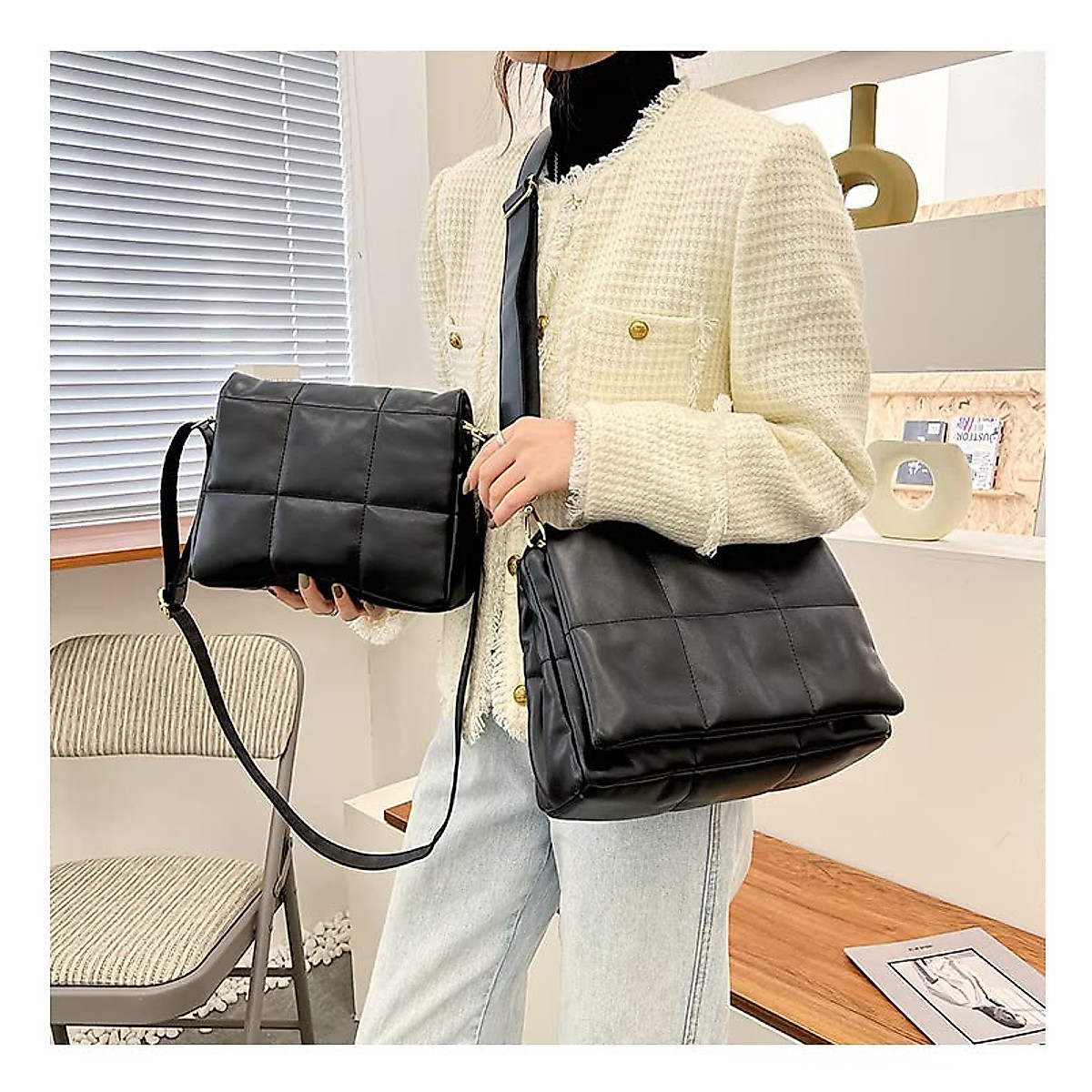 Stylish Cross-straddle Pillow Bag Women's One-shoulder Vintage Down Purse Bag Crossbody Bags for Women Y2k Bag (Black)