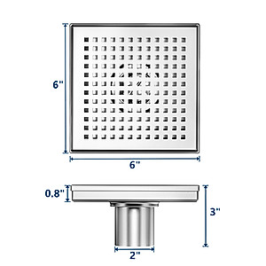 Neodrain 6-Inch Square Shower Drain with Removable Quadrato Pattern Grate,PVC Shower Drain Base and Rubber Gasket for Bathroom Floor Drain, Brushed 304 Stainless Steel, Includes Hair Strainer