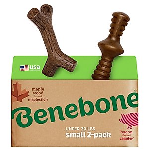 Benebone 2-Pack Maplestick/Zaggler Durable Dog Chew Toys, Real Maplewood, Real Bacon, Made in USA Small