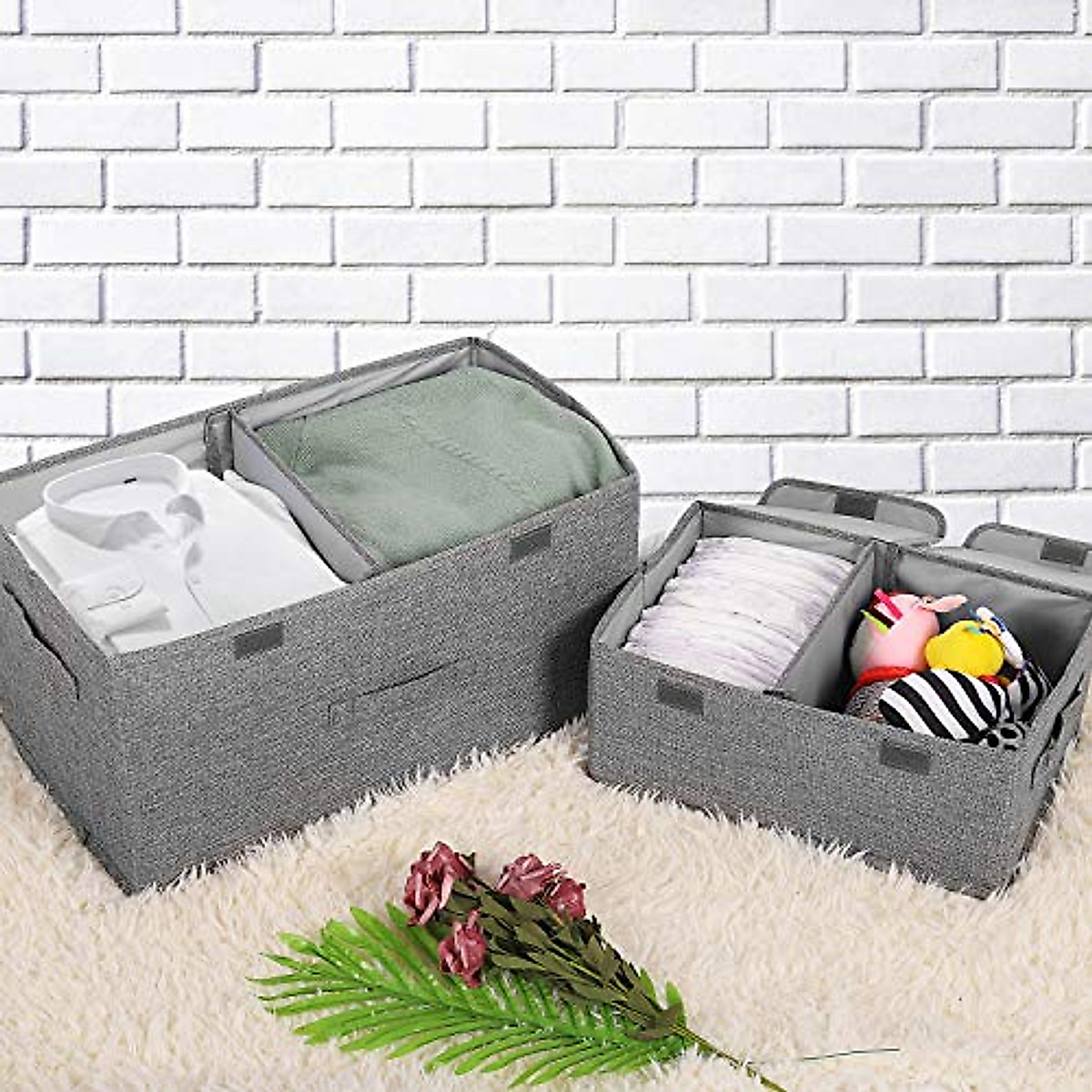 Valease 2 Pack Large Storage Boxes with Lids and Handles, Collapsible Linen Storage Bins Organizer Containers Baskets Cube with Removable Divider for Home Bedroom Closet Office (Grey, Large)