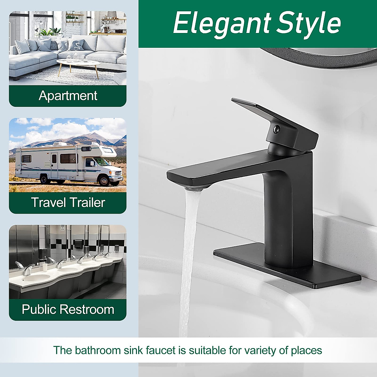 VOTON Black Bathroom Faucet Single Hole Bathroom Sink Faucet Modern Vanity Faucet, One Hole 3 Hole with Deck Plate, RV Camper Lavatory Bathroom Faucet