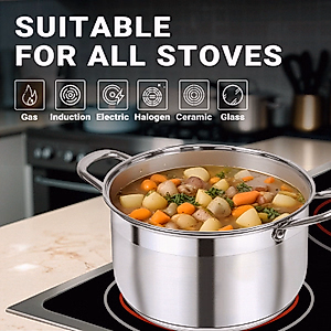 Kirecoo Stainless Steel Stock Pot - 8 Quart Heavy Duty Induction Cooking Pot with Visible Lid for Pasta, Soup, Spaghetti, Nonstick Thick Bottom Big Soup Canning Pot, Deep Cookware Boiling Simmer Pot
