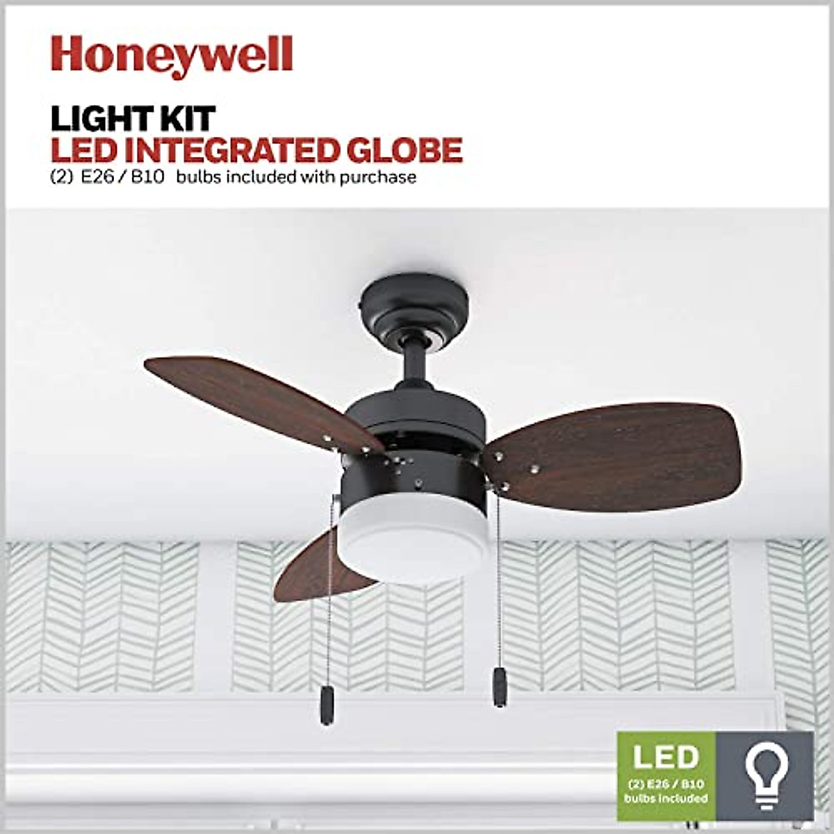 Honeywell Ceiling Fans Ocean Breeze, 30 Inch Modern Indoor LED Ceiling Fan with Light, Pull Chain, Dual Mounting Options, Dual Finish Blades, Reversible Motor - Model 50602-01 (Gilded Espresso)