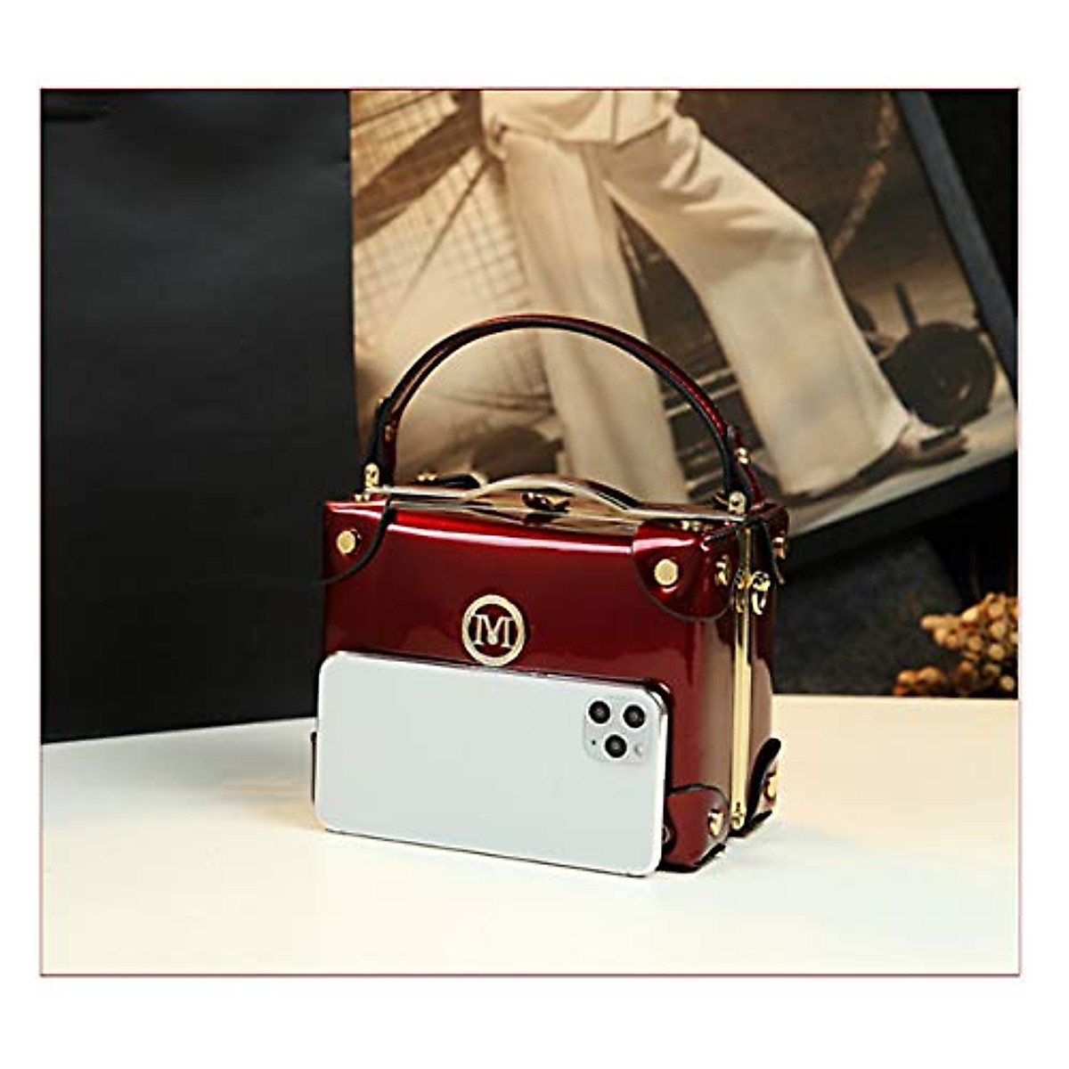 Fashion Women's Top Handle Satchel Handbags Leather Evening Bag Purses Small Hard Square Box Shoulder Bags (Red)