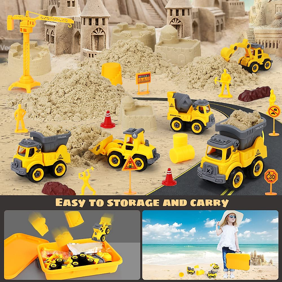 OENUX Play Sand Construction Set, Beach Building Castle Kit w/ 2.2lbs Play Sand, 4 Take Apart Construction Trucks Toys and Signs, Sensory Sandbox with Cover for Boy Girl Kid Toddlers Age 3-8