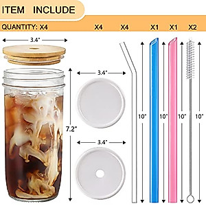 4 Pack Glass Cups Set - 24oz Mason Jar with Bamboo Lids and Glass Straw & 2 Airtight Lids - Cute Boba Drinking Glasses, Reusable Travel Tumbler Bottle for Iced Coffee, Smoothie, Bubble Tea, gift