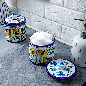 Decorative Bathroom Ceramic Jar with Lid - Dispenser Apothecary Vanity Canister for Cotton Balls, Rounds, Pads, Swabs, Makeup Sponges, Hair Accessories, Q-Tips - Storage Container 4.7x3.5 Inch