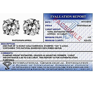 IGI Certified 1/2ct tw Round REAL Diamond Solitaire Stud Earrings for Women set in 14K White Gold with Screw-Backs