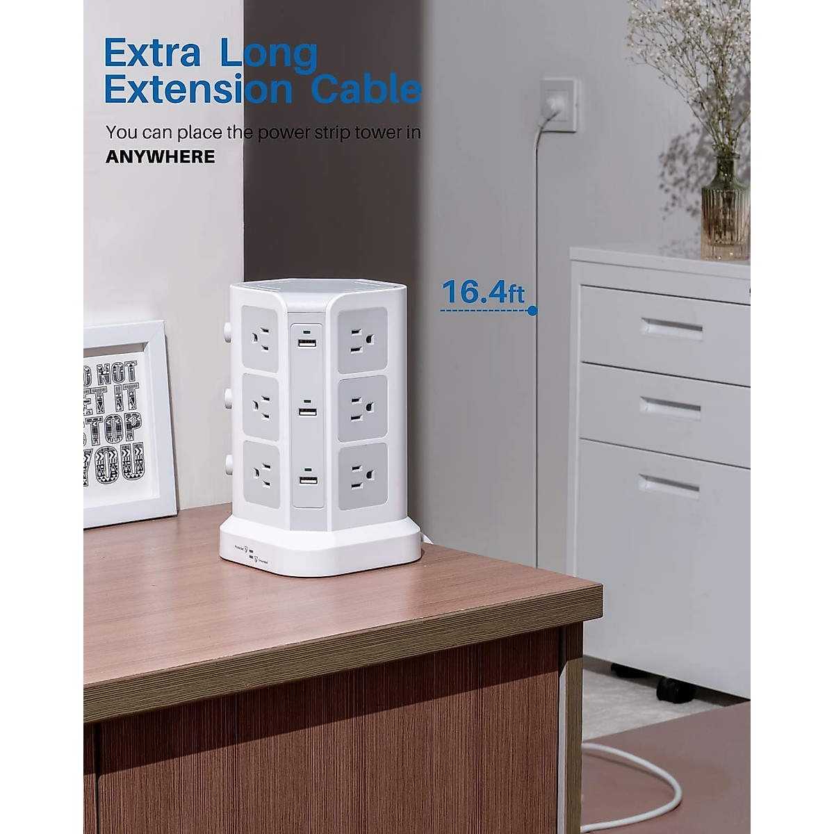 Surge Protector Power Strip Tower 16.4 FT + 6.5 FT, [1500 Joules] 12 Widely Spaced AC Outlets with 6 USB Ports Charging Station White